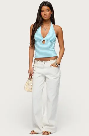 EDIKTED Maylah Stripe Knit Keyhole Halter Top - Turquoise