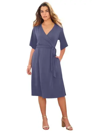 ROAMAN'S Short Sleeve Wrap Fit And Flare Dress - Deep Dusk