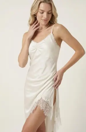 MODENAIRE Asymmetric Satin Slip Dress With Lace Trim - White