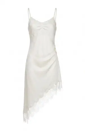 MODENAIRE Asymmetric Satin Slip Dress With Lace Trim - White