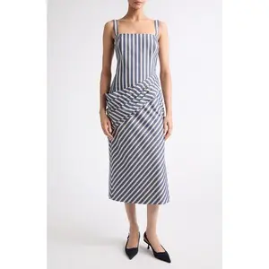 Carolina Herrera Stripe Draped Cotton Midi Dress - Blue Multi