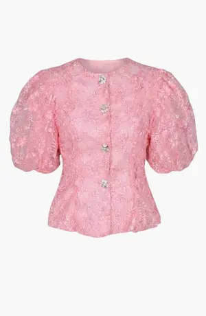 MODENAIRE Floral Lace Puff Sleeve Top - Pink