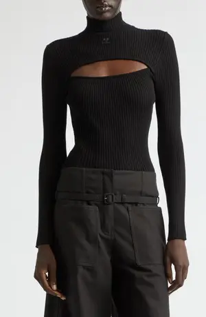 COURREGES Slash Mock Neck Rib Sweater - Black