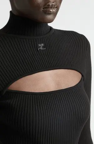 COURREGES Slash Mock Neck Rib Sweater - Black