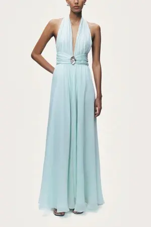 NOCTURNE Pleated Halterneck Maxi Dress With Brooch Detail - Mint Green
