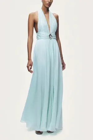 NOCTURNE Pleated Halterneck Maxi Dress With Brooch Detail - Mint Green