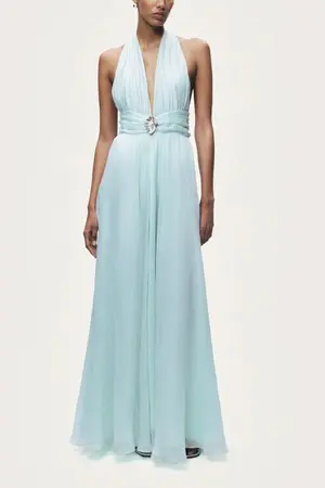 NOCTURNE Pleated Halterneck Maxi Dress With Brooch Detail - Mint Green