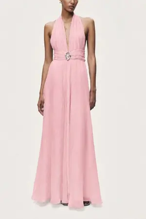 NOCTURNE Pleated Halterneck Maxi Dress With Brooch Detail - Pink