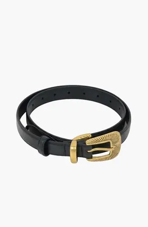 MODENAIRE Engraved Buckle Leather Belt Black
