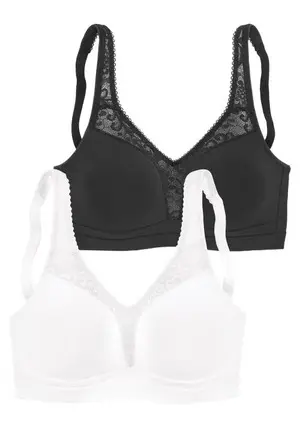 LASCANA 2 Pk Lace Wireless Bras - White & Black