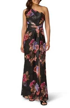 Adrianna Papell One-shoulder Chiffon Gown - Black Multi