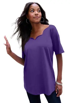 ROAMAN'S Plus Size Ultimate Scalloped Neck Tee Midnight Violet