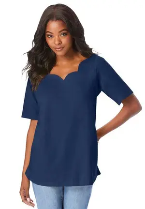 ROAMAN'S Plus Size Ultimate Scalloped Neck Tee Navy