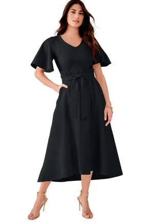 ROAMAN'S Flutter Sleeve V-neck Maxi Dress - Black