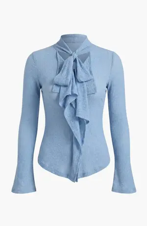 MODENAIRE Long Sleeve Tie Front Ruffle Top