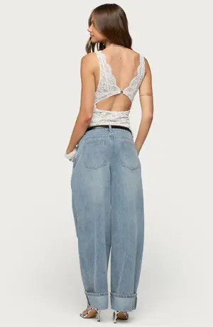 EDIKTED Lace Floral Sheer Crop Tank - White