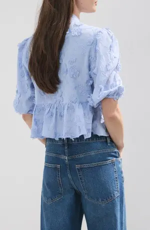 Mango Embroidered Puff Sleeve Peplum Top - Sky Blue