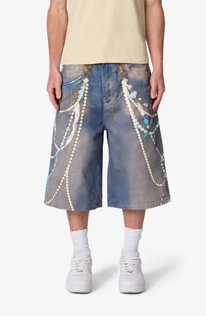 Mnml Ultra Baggy Chain Printed Denim Shorts - Light Blue