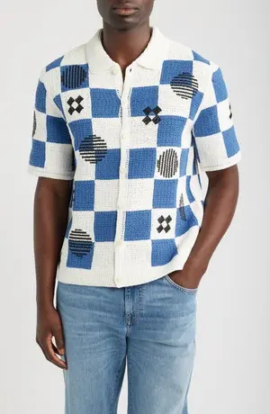 WAX LONDON Porto Check Embroidered Cotton Crochet Polo