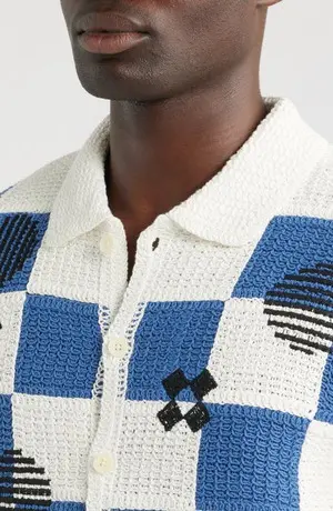 WAX LONDON Porto Check Embroidered Cotton Crochet Polo