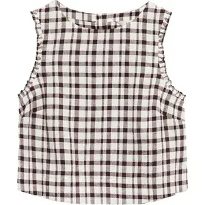 M&s Gingham Ruffle Trim Linen Blend Crop Top - Brown/multi