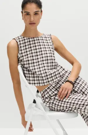 M&s Gingham Ruffle Trim Linen Blend Crop Top