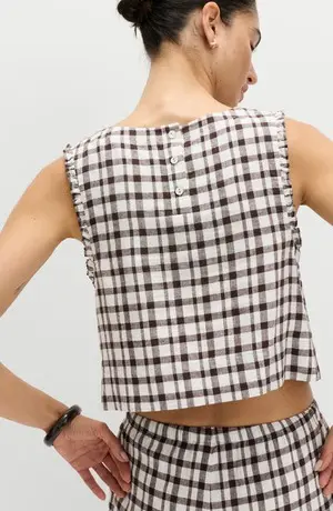 M&s Gingham Ruffle Trim Linen Blend Crop Top