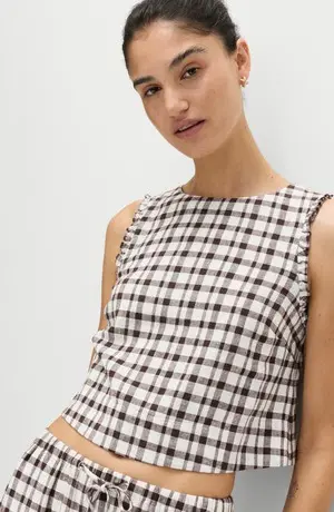 M&s Gingham Ruffle Trim Linen Blend Crop Top