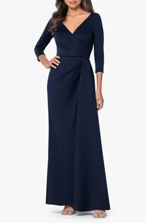 XSCAPE EVENINGS Ruched Scuba Knit Gown - Midnight