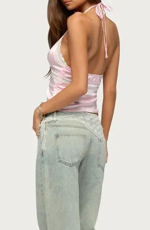 EDIKTED Cove Cutout Lace Trim Satin Halter Top