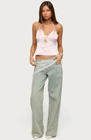 EDIKTED Cove Cutout Lace Trim Satin Halter Top