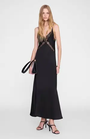 ANINE BING Magnolia Lace Trimmed Silk-blend Maxi Slip Dress - Black