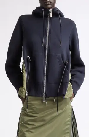 Sacai Mixed Media Scuba Knit & Nylon Twill Hoodie - Navy/khaki