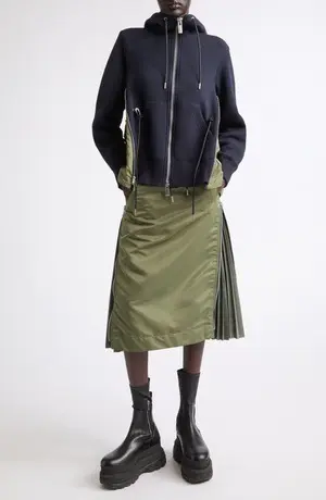 Sacai Mixed Media Scuba Knit & Nylon Twill Hoodie - Navy/khaki