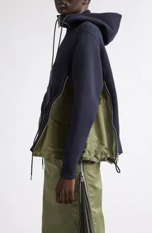 Sacai Mixed Media Scuba Knit & Nylon Twill Hoodie - Navy/khaki