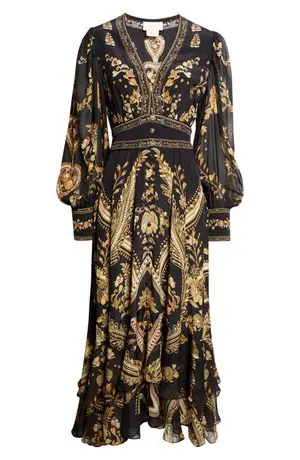 Camilla Long Sleeve Silk Maxi Dress With Crystal Embellishments