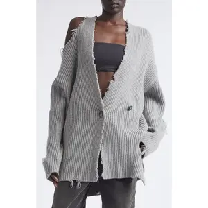 HAIKURE Courtny Oversize Destroyed Ribbed Merino Wool Cardigan - Grey