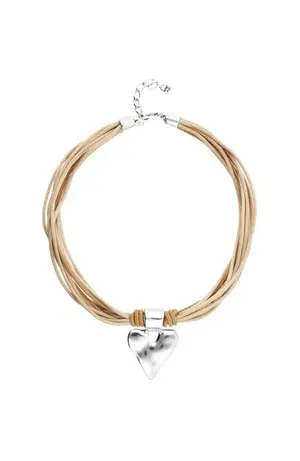 UNODE50 Silk Thread Blend Necklace With Leather And Heart Detail In Sterling Silver - Silver/beige