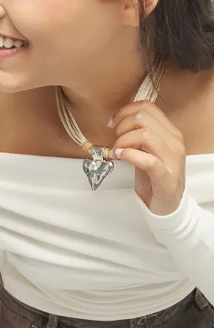 UNODE50 Silk Thread Blend Necklace With Leather And Heart Detail In Sterling Silver - Silver/beige