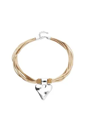 UNODE50 Silk Thread Blend Necklace With Leather And Heart Detail In Sterling Silver - Silver/beige