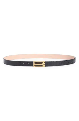 Victoria Beckham Dorian Croc Embossed Leather Belt - Black