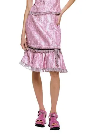 Anna Sui Crushed Satin Ruffle Midi Skirt