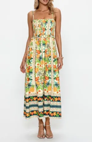PS BY CUPSHE Tropical Print Smocked Midi Dress