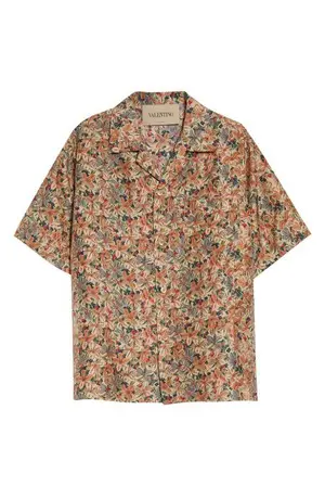 Valentino Garavani Papier Floral Short Sleeve Silk Poplin Button-up Shirt