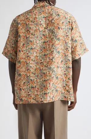 Valentino Garavani Papier Floral Short Sleeve Silk Poplin Button-up Shirt - Beige Multi