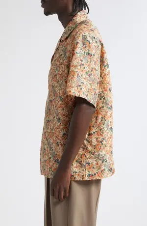 Valentino Garavani Papier Floral Short Sleeve Silk Poplin Button-up Shirt - Beige Multi
