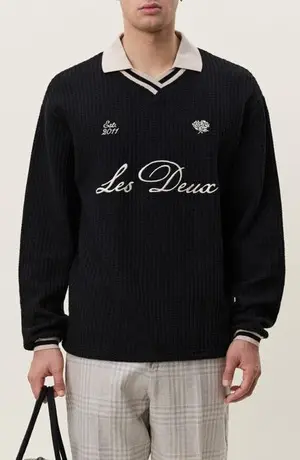 LES DEUX Oversize Waffle Knit Sweater Jersey With Johnny Collar