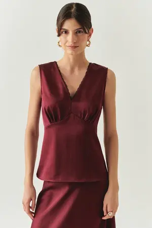 EXQUISE Galilea V Neck Satin Look Blouse - Cherry