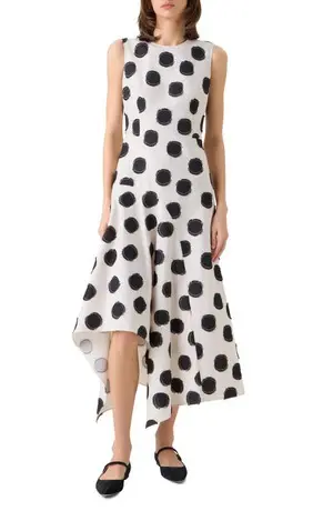 Akris Polka Dot Jacquard Asymmetric Fit & Flare Dress - Cream-black