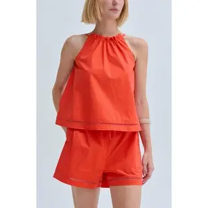CRESCENT Poplin Lattice Trim Halter Top - Burnt Orange